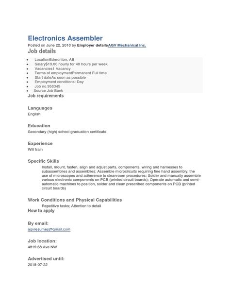 Electronics Assembler Job In Edmonton Pdf