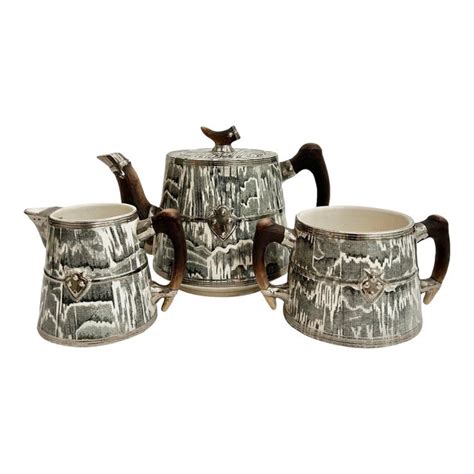 Antique Capper And Wood Faux Bois And Horn Earthenware Tea Set Chairish