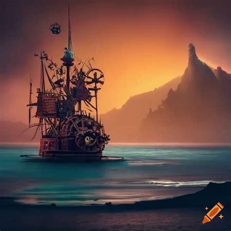 Surreal Steampunk Artwork With Giant Boats And Crabs On The Beach On