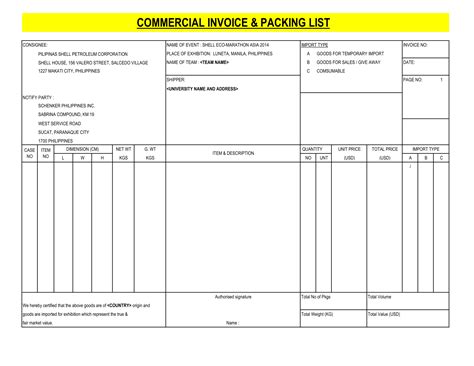 Commercial Invoice And Packaging List Template In Excel