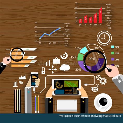 Vector Works Places Businessman Analyzing Statistical Data Flat Design Stock Vector