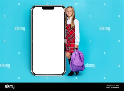 Full Size Portrait Of Charming Girl Hold Rucksack Huge Empty Space