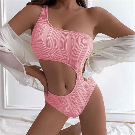 Sexy Textured Metallic Trim Cutout One Shoulder Brazilian One Piece Sw