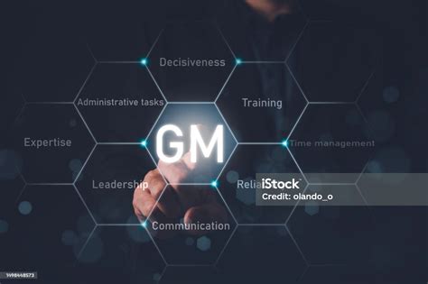 인포그래픽과 Gm 총지배인 문구 관리자의 책임으로 가상 화면을 터치하는 사업가 개념에 대한 스톡 사진 및 기타 이미지 개념