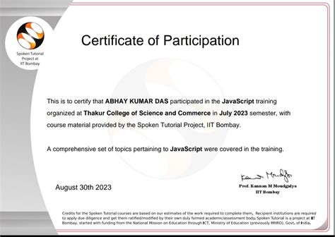 Abhay Kumar Das On Linkedin Participated In Javascript Training By Spoken Tutorial Iit Bombay