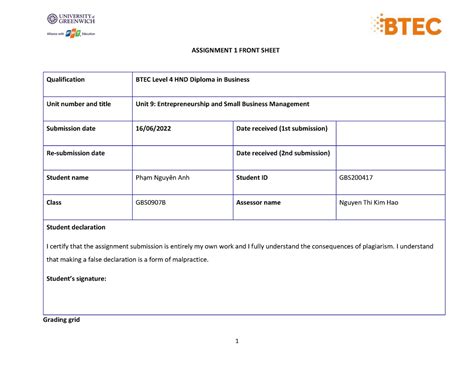 Asm 1 495 Pna Good Job Person Assignment 1 Front Sheet Qualification Btec Level 4 Hnd
