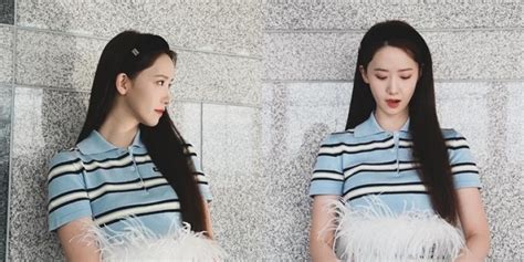 소녀시대 윤아 여름이 그리워 깃털 포인트 블루 스트라이프 미니 원피스룩 패션엔