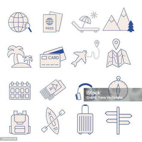 여행 아이콘 모음 바다에서의 여름 휴가 여행 해변 휴가 여름 휴가 여행 투어 캠핑 제공 업체 여름 캠프 여행 해외 여행을위한 적극적인 관광 벡터 요소 0명에 대한 스톡 벡터