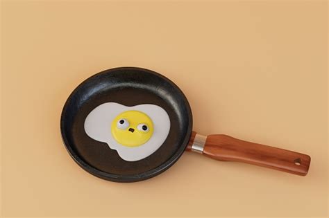 아침 식사 요리의 개념 파스텔 배경에 프라이팬에 스크램블 에그 3d 렌더링 건강에 좋지 않은 음식에 대한 스톡 사진 및 기타