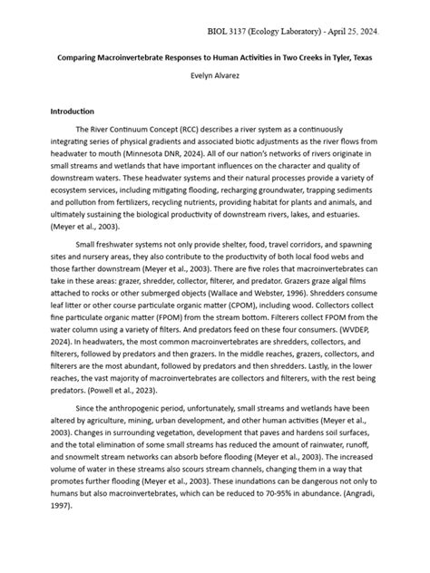 Comparing Macroinvertebrate Responses To Human Activities In Two Creeks