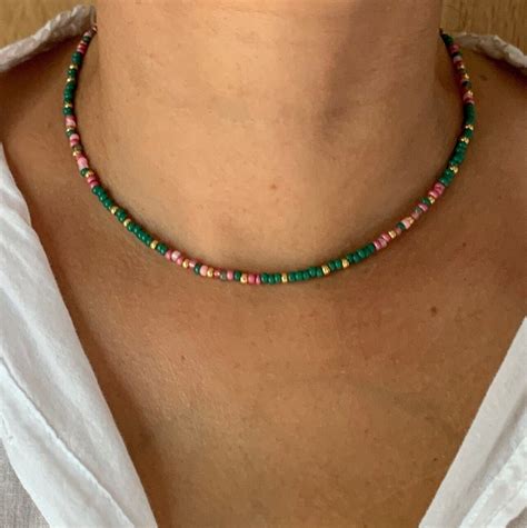 14k Gf Pink And Green Seed Bead Necklace Green And Pink Necklace Boho