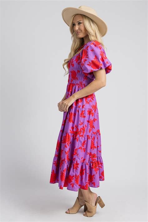 Evie Floral Midi Purplered Sale The Blue Door Boutique