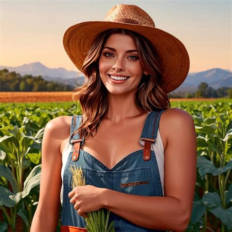 Woman Farmer Female Agriculture Worker In Front Of Farm Vector Lineart