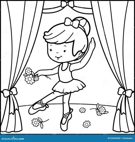 Ballerina Girl Dancing On The Stage Vector Black And White Coloring Page