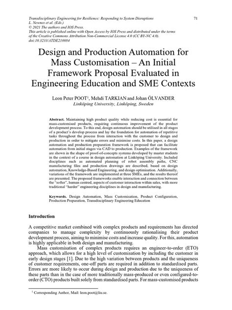 Design And Production Automation For Mass Customisation An Initial