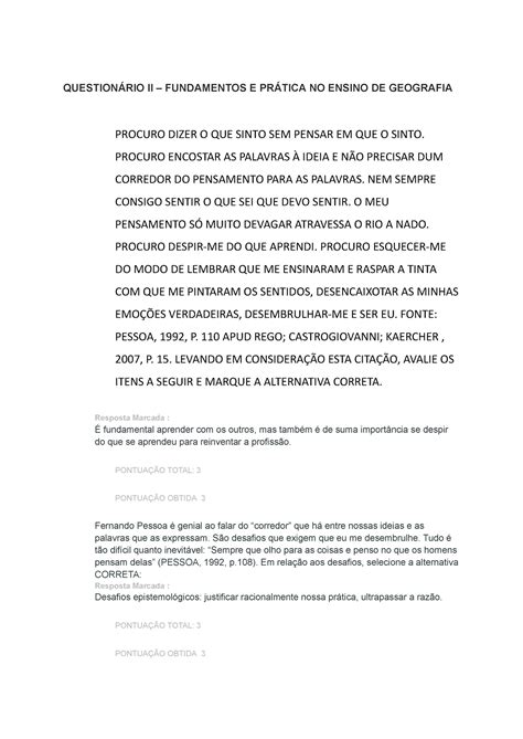 Questionário II Fundamentos E Prática NO Ensino DE Geografia QUESTIONÁRIO II FUNDAMENTOS E