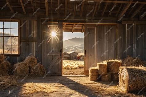 Rustic Wooden Barn Interior with Sunlit Open Doors and Hay Stacks | Premium AI-generated image