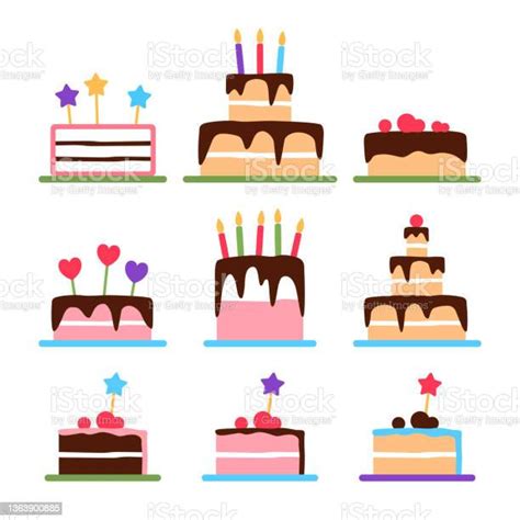 촛불 생일 케이크 흰색 배경에 설정 축제 다채로운 평면 아이콘 초콜릿 크림 사탕 개체 디자인 컬렉션으로 장식 된 서리가 내린 맛 제과 벡터 그림입니다 생일 케이크에 대한