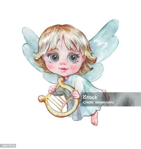Malaikat Kecil Dengan Harpa Terbang Ilustrasi Stok Unduh Gambar