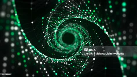 검은색 배경에 초록불이 켜진 추상적인 원형 속도 터널 점과 선이 나선형으로 움직이는 과학 배경 웜홀 기술 입자가 있는 디지털 구조 3d 렌더링 추상적인에 대한 스톡 사진 및