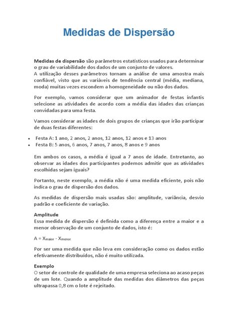 Medidas De Dispersão Pdf Desvio Padrão Dispersão Estatística