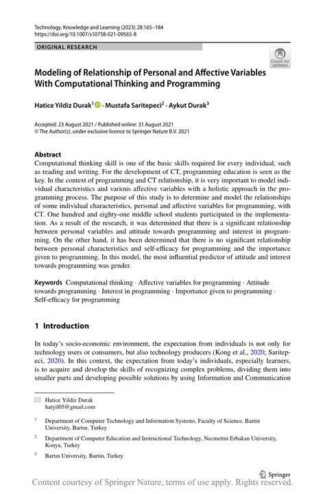 Modeling Of Relationship Of Personal And Affective Variables With Computational Thinking And