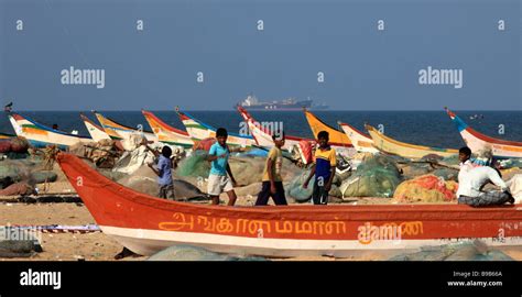 India Tamil Nadu Chennai Madras Marina Beach Fishing Boats People Stock