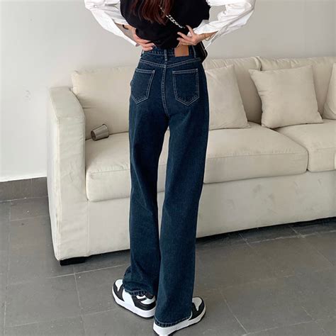 와이드 다크 데님 팬츠 진청 하이 웨스트 데님 청 스티치 배색 스트레이트 와이드 롱 다리 컨셉 캐주얼 꾸안꾸 일자 청순