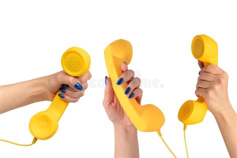 Yellow Handset In Woman Hand Isolated On White Copy Space Stock Image Image Of Header Device