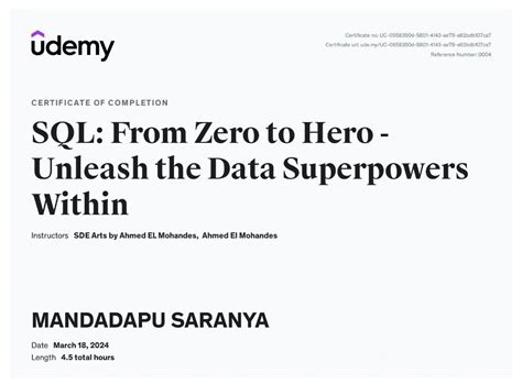 Hello Connections I Have Completed The Sql Course In Udemy Mandadapu Saranya