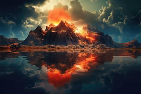 Premium Ai Image Volcanic Eruption Reflecting In A Nearby Lake