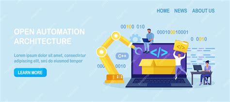 premium vector developers creating software script at computer with open robotic soft open