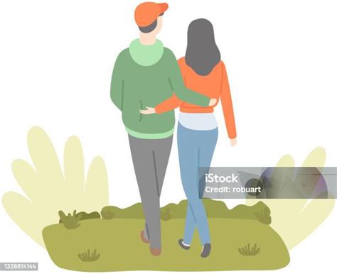 사랑에 행복한 부부는 포옹에 걷는 연인 관계에있는 사람들은 공원에서 함께 시간을 보내고 가족에 대한 스톡 벡터 아트 및 기타
