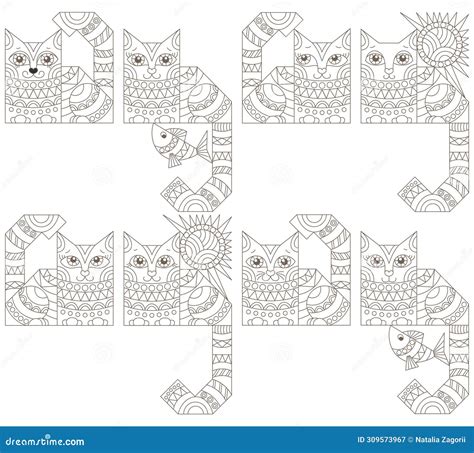 Contour Set With Stained Glass With Funny Cartoon Cats Isolated Images