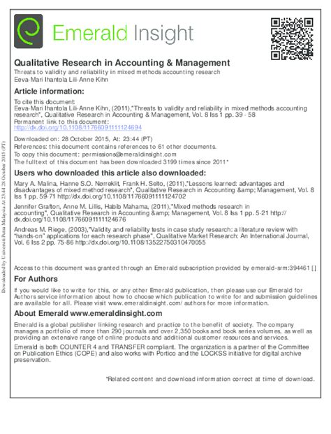 Pdf Threats To Validity And Reliability In Mixed Methods Accounting Research