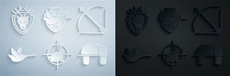 십자선으로 토끼 화살통에 활과 화살 플라잉 오리 사냥꾼 모자 방패 및 사슴 머리 뿔 아이콘을 사용하여 사냥을 설정하십시오 벡터 3차원 형태에 대한 스톡 벡터 아트 및 기타