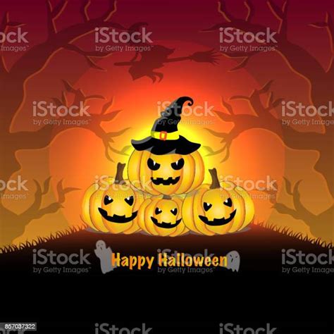 마녀 모자와 보름달 빛과 죽은 나무 그림자를 입고 호박 랜 턴의 그룹과 할로윈 테마 벡터 및 일러스트 배경 10월에 대한 스톡 벡터 아트 및 기타 이미지 Istock
