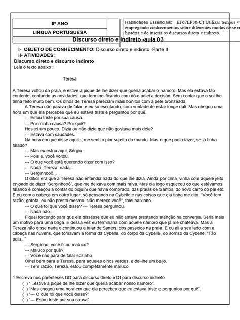 Aula 03 Atividades Discurso Direto E Indireto Nos Contos 6º Ano Pdf