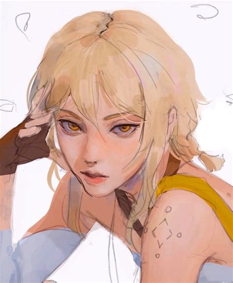 A Drawing Of A Woman With Blonde Hair And Tattoos On Her Arm Looking
