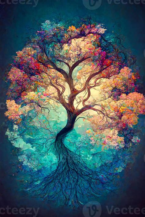 Illustration Of Old Big Green Tree With Roots On Dry Land Tree Of