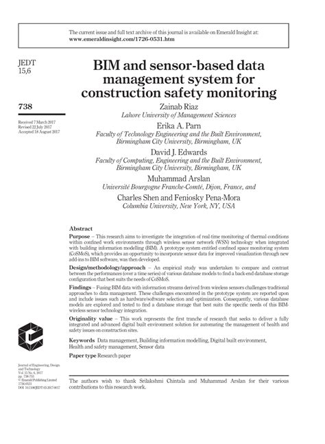 Pdf Bim And Sensor Based Data Management System For Construction Safety Monitoring