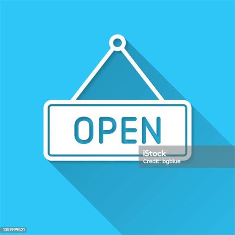 사인을 엽니다 파란색 배경아이콘 긴 그림자가 있는 플랫 디자인 3차원 형태에 대한 스톡 벡터 아트 및 기타 이미지 3차원