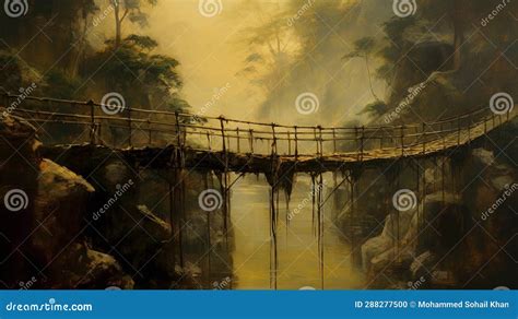 A Swaying Wooden Hanging Bridge Above A River Watercolor Painting Stock
