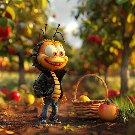 A Bee Figure With A Basket Of Apples And A Beehive Premium Ai Generated Image