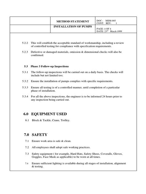 Method Statement Installation Of Pumps 60 Equipment Used Pdf