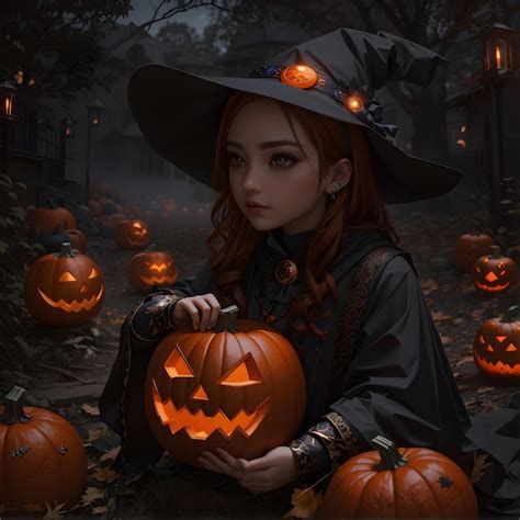 Premium Ai Image Halloween Night Scene With Witch And Pumpkin