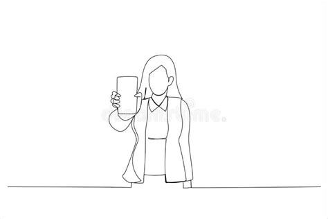 Young Woman Holding Smartphone Showing Gadget To Camera One Line Art