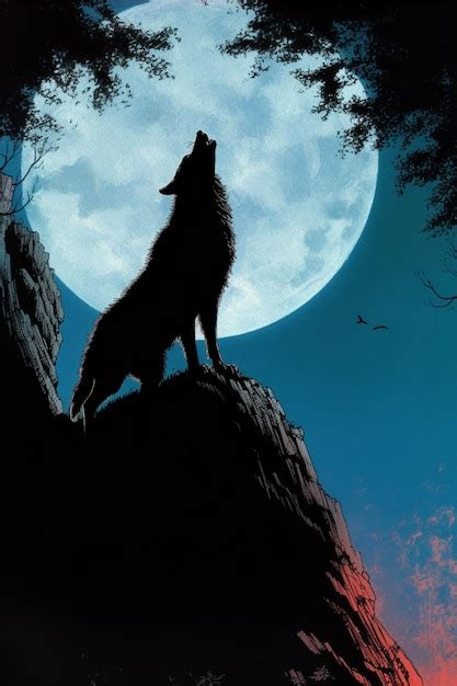 Premium Photo Howling Wolf On A Rock With A Full Moon In The