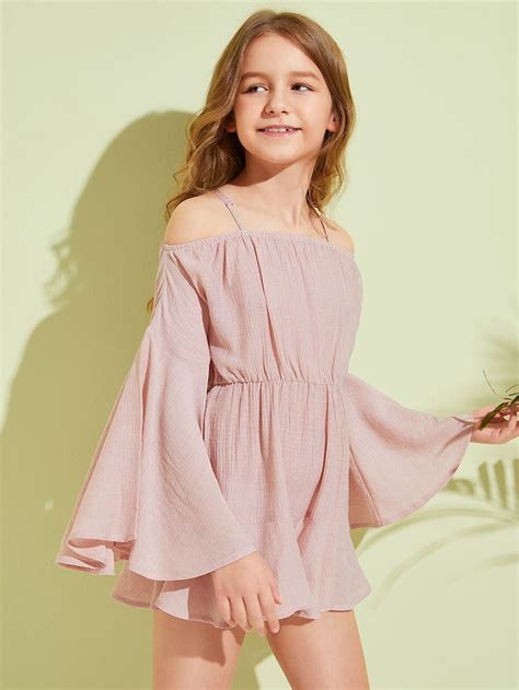 Girls Cold Shoulder Flounce Sleeve Romper Shein Jumpsuits For Girls